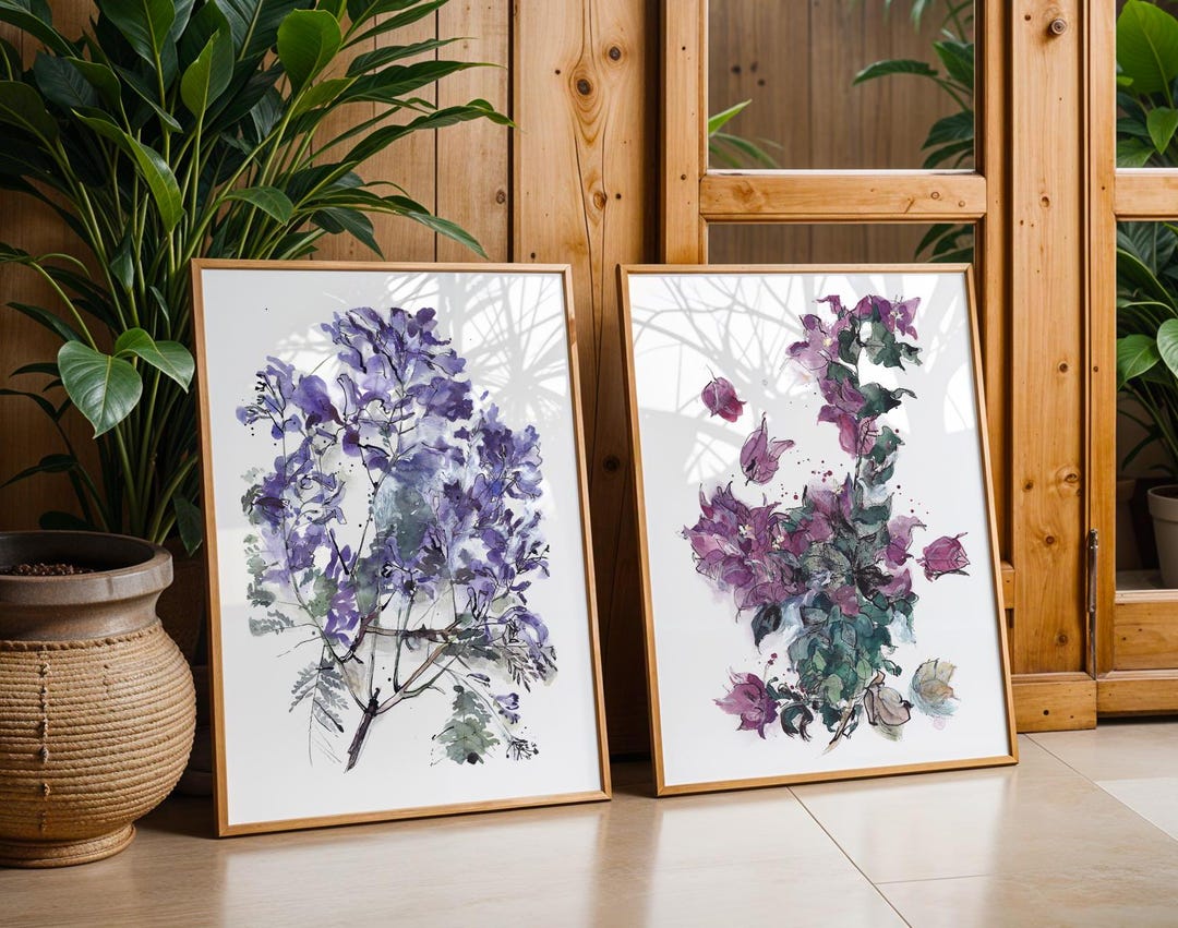 Jacaranda & Bougainvillea Watercolor Art Prints: Floral Wall Decor Set ...