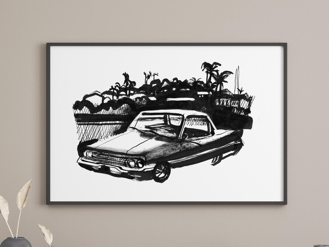 Custom Car Ink Drawing From Photo – Retro Black & White Artwork Print ...