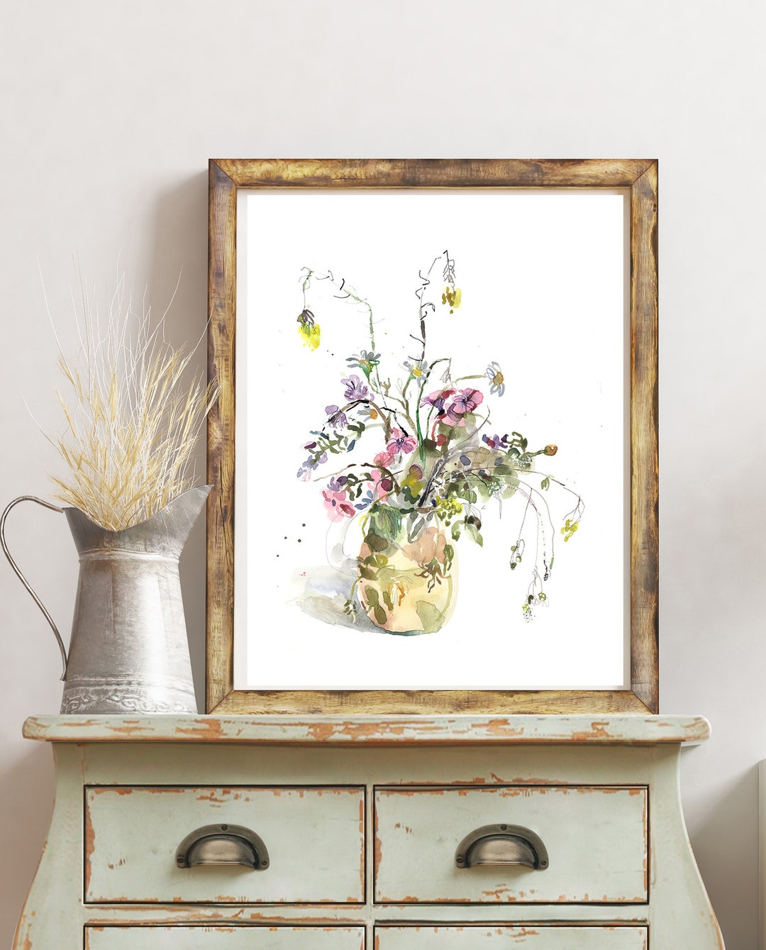 Wildflower Bouquet Watercolor Print - Mason Jar Floral Art - Botanical ...