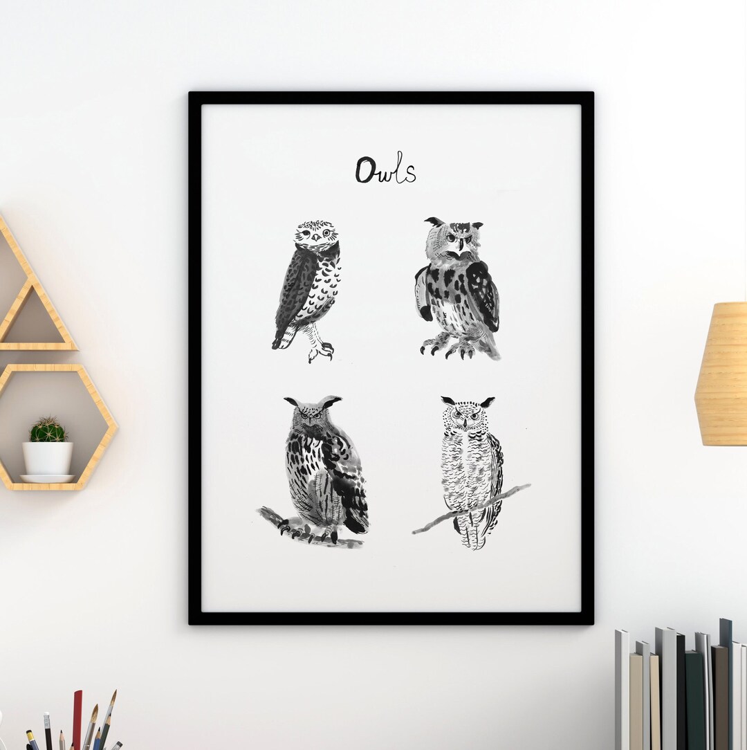 Owls Print, Black and White Wildlife Art Poster for Monochrome Wall ...