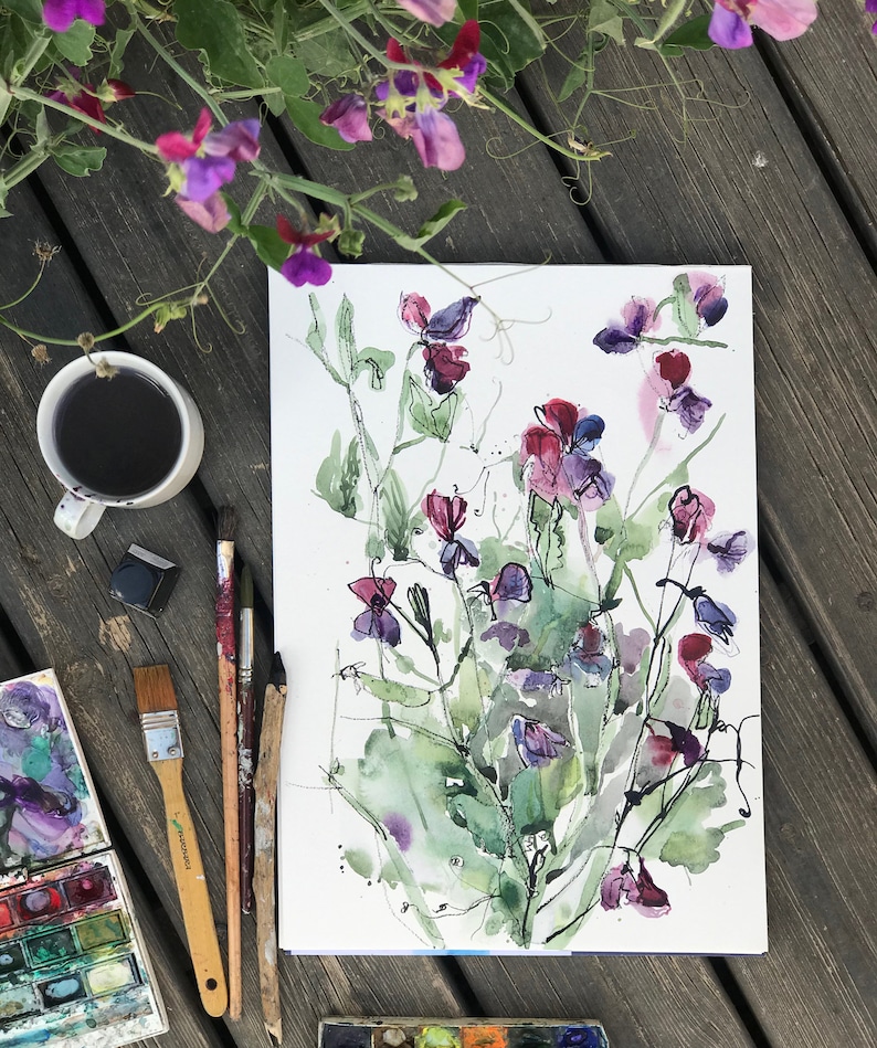Sweet Pea Print Watercolor Painting Sweet Pea Poster Floral | Etsy