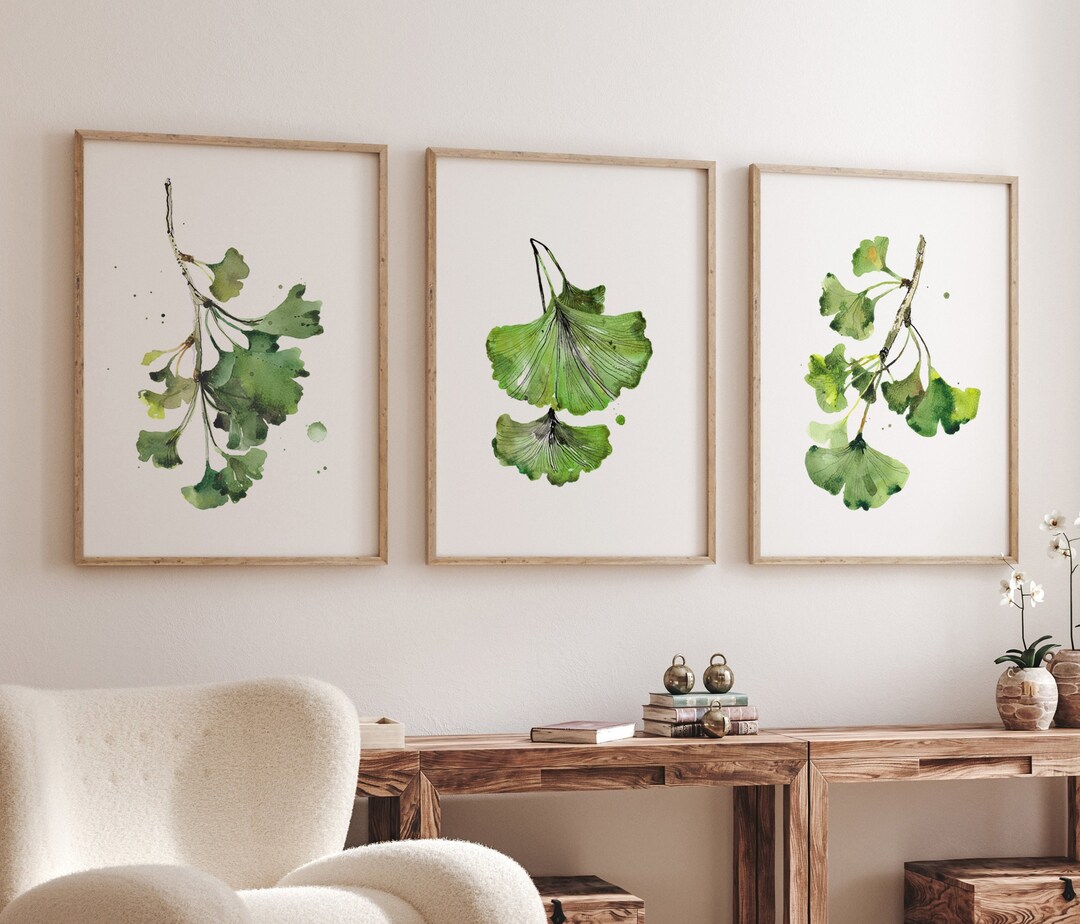 Ginkgo Leaves Watercolor Art Set - Set of 3 Prints for Therapy Office ...