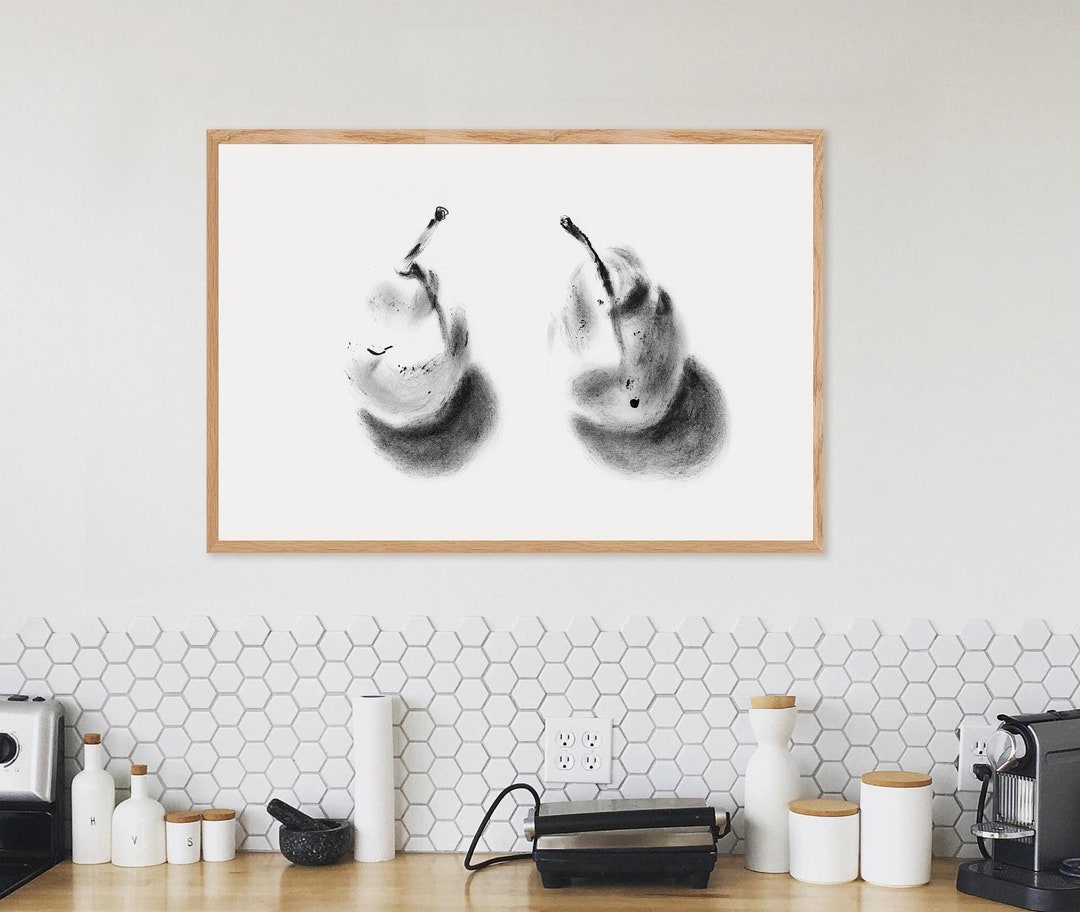 Pears Drawing Print - Black and White Minimalist Art - Elegant Kitchen ...