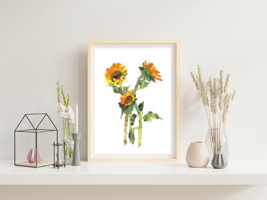 Sunflower Art Gouache Painting of Plant, Yellow Flowers Art Print ...