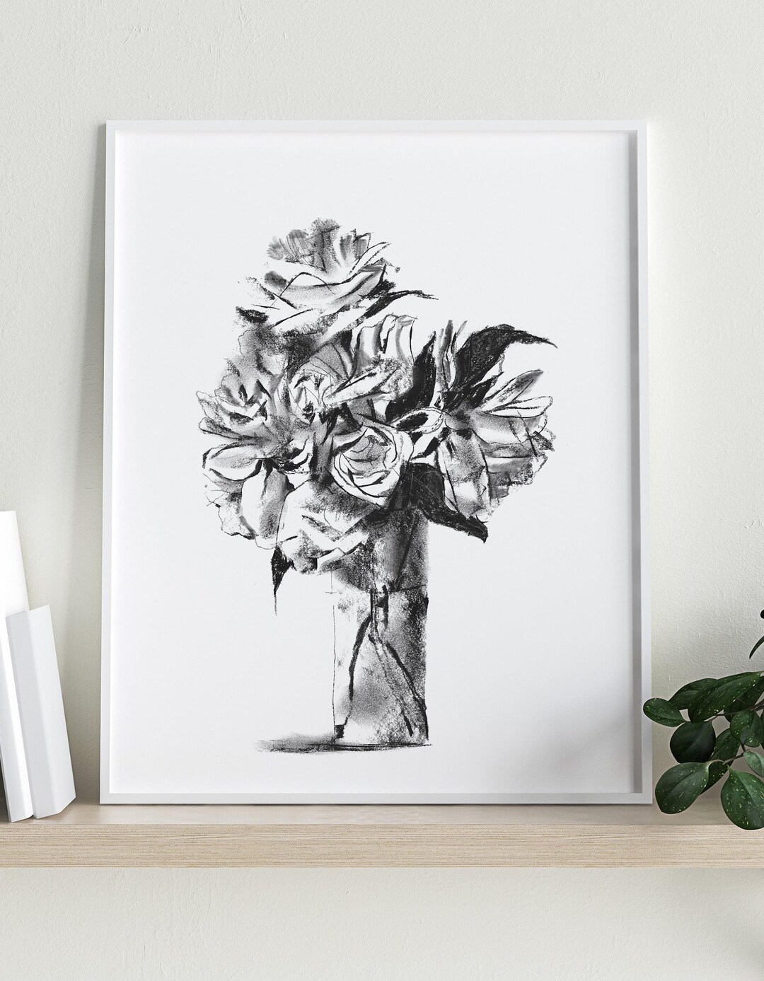 Roses Charcoal Drawing Print - Floral Black and White Wall Art ...
