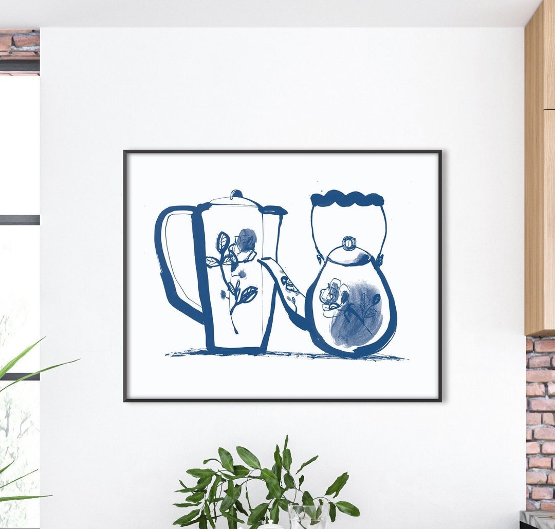 Vintage Teapot Print: Chinoiserie Denim Blue Kitchen Wall Art - Etsy