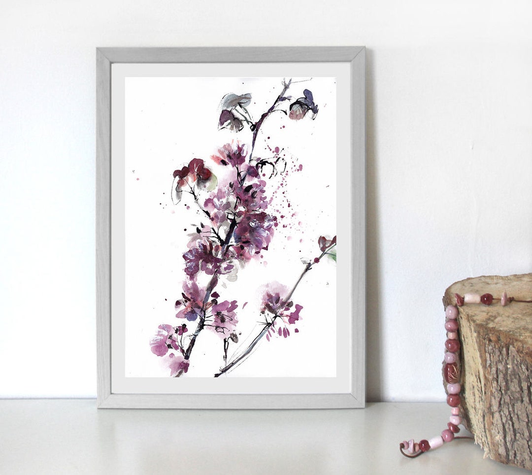 Redbud Tree Painting, Water Color Art Print, Pink and Gray Wall Decor ...