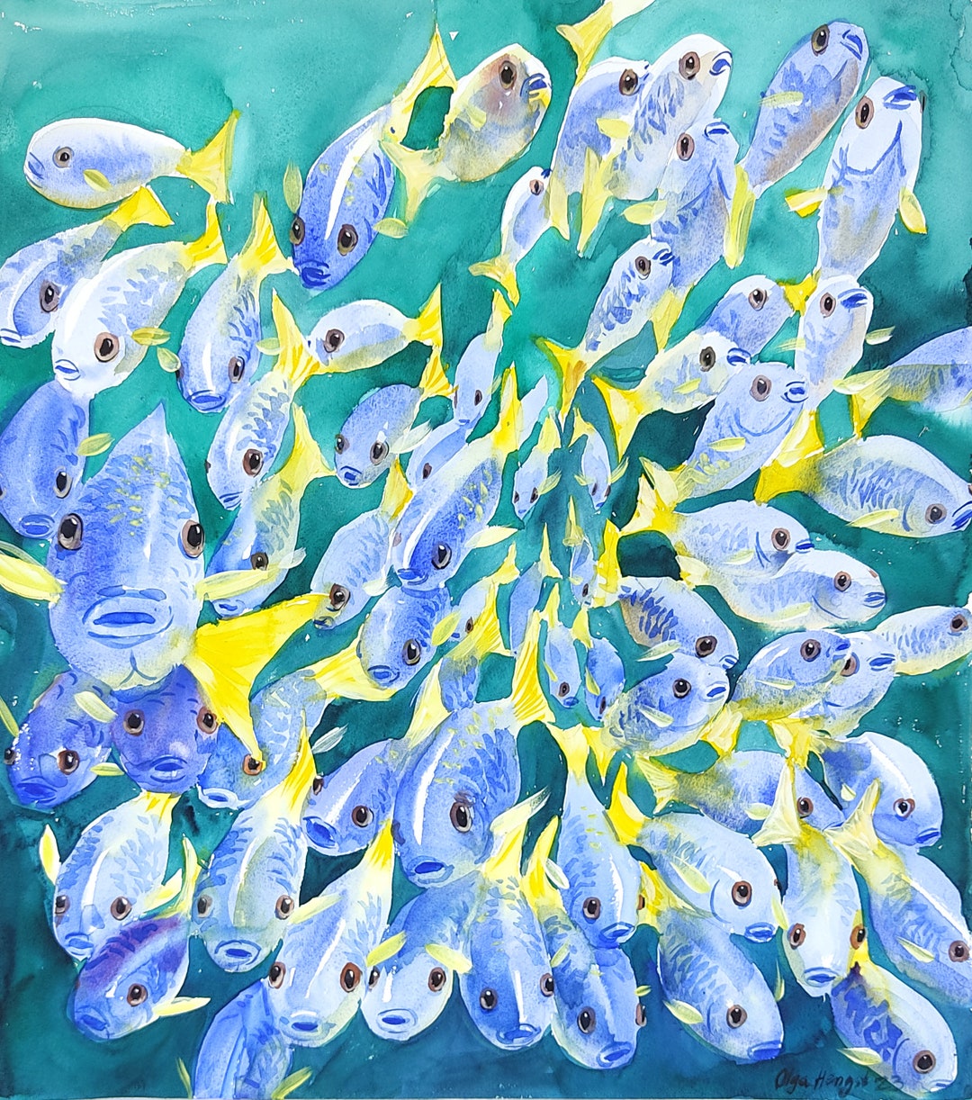 Large Original Watercolours Painting, Fish Art 22x20 Under Water Art ...