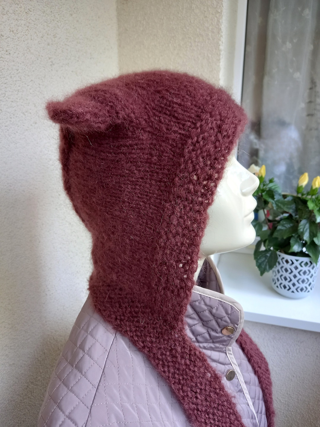 Hand-knitted Mohair Cat Bonnet, Brown Wool Winter Hood - Etsy