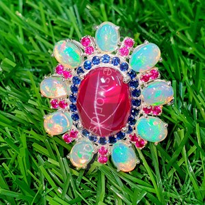 Natural Opal and 6 Rays Star Ruby 925 Sterling Silver Opal Set RING/ PENDANT/ EARRING Handmade ...