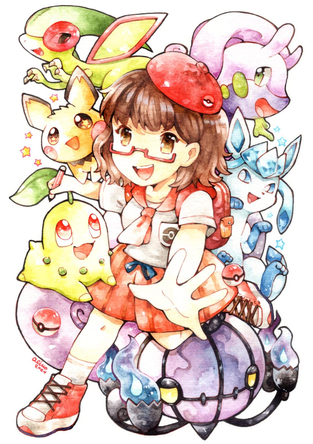 CUSTOM Pokemon Trainer Watercolor A5 Full Body Background Portrait ...