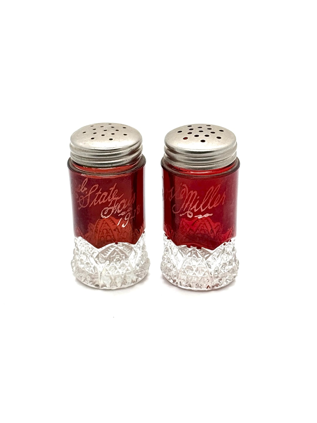 Red Flash Glass Salt and Pepper / 1928 Nebraska State Fair Souvenir ...
