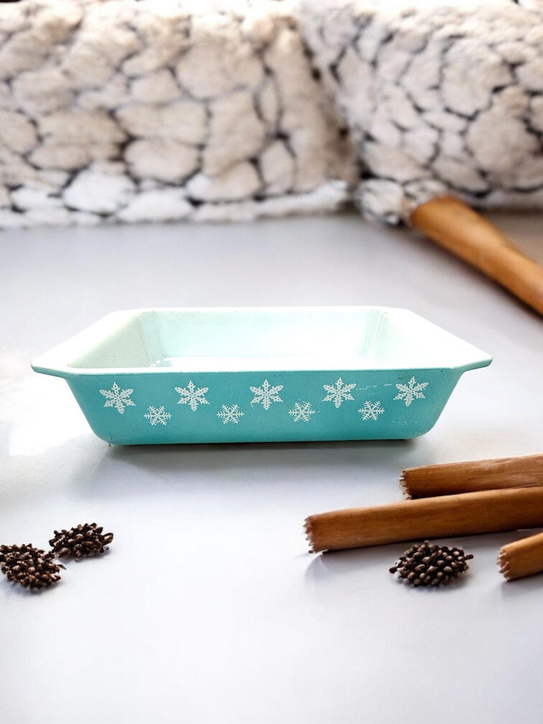 Vintage Pyrex Snowflake Casserole Dish: White Snowflakes on Turquois ...
