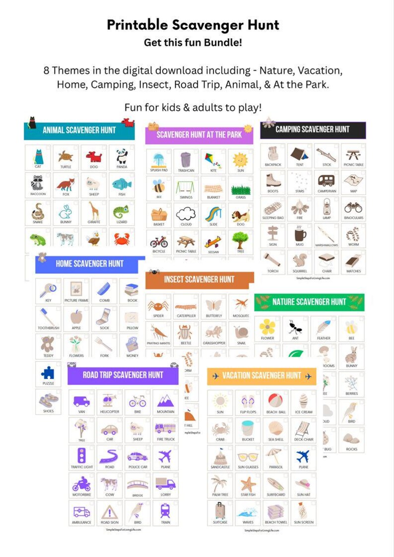 Scavenger Hunt Bundle, Digital Download, 8 Themes - Nature, Vacation ...