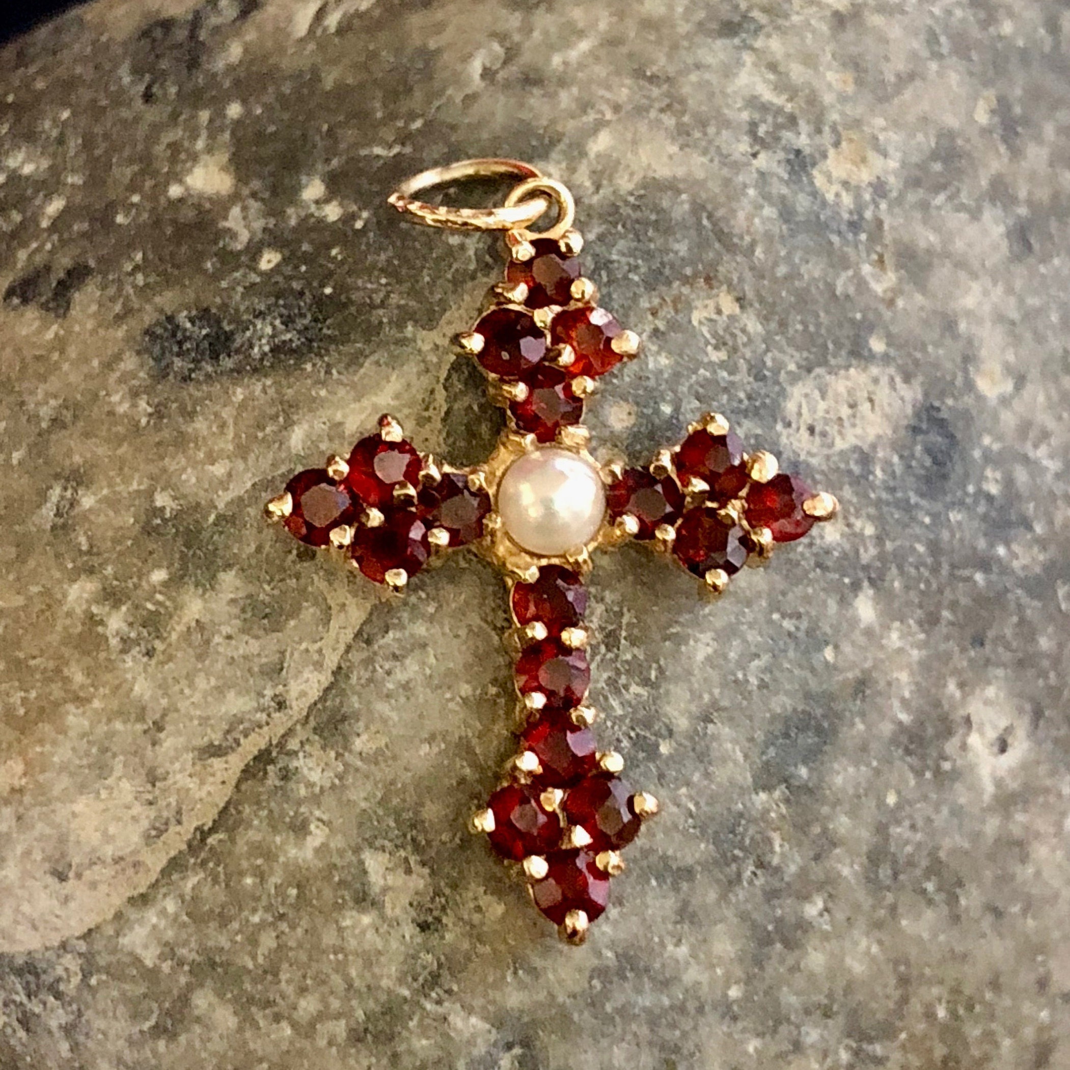 Antique Bohemian Garnet Cross Vintage Garnet Pearl 9K Yellow | Etsy