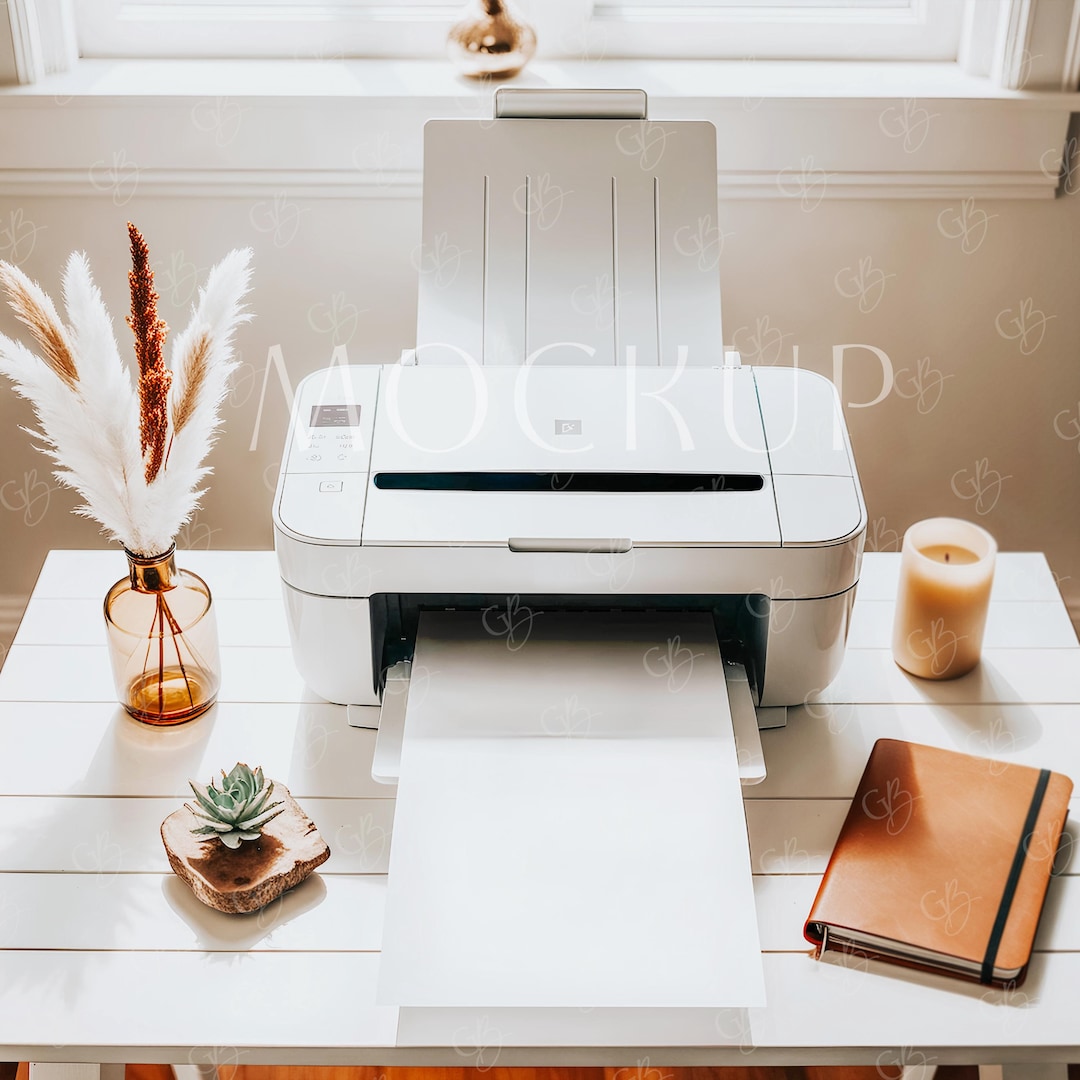 Minimalistic Desk Printer Printing Page Mockup, White Printer Mockup ...