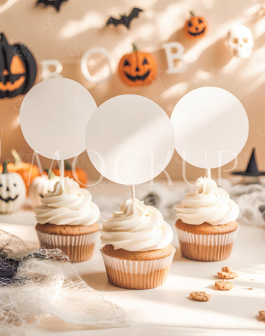 White Round 2x2 Party Toppers Mockup, Helloween Cupcake Toppers Mockup ...