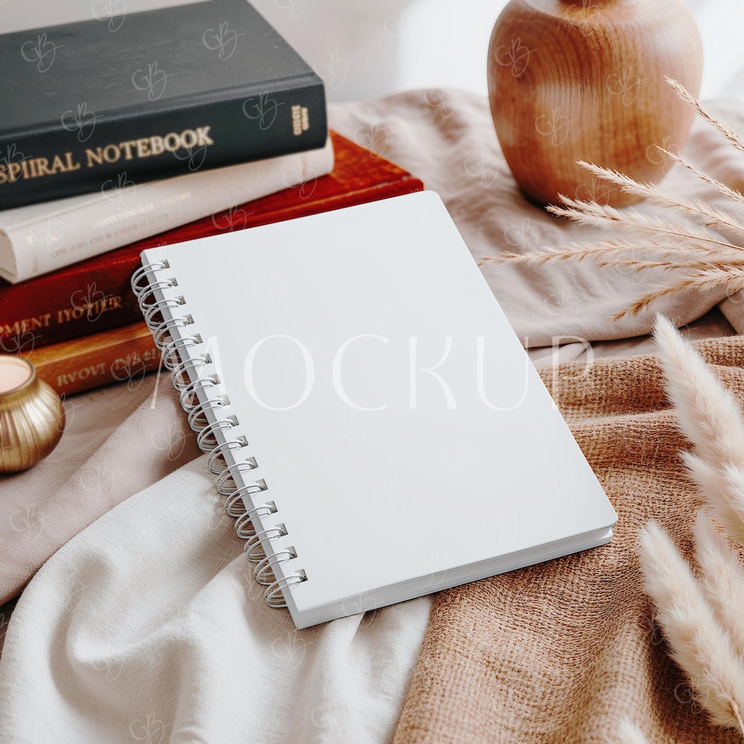 White Spiral Notebook Cover Mockup, 6x8 Boho Notebook Mockup, Digital ...