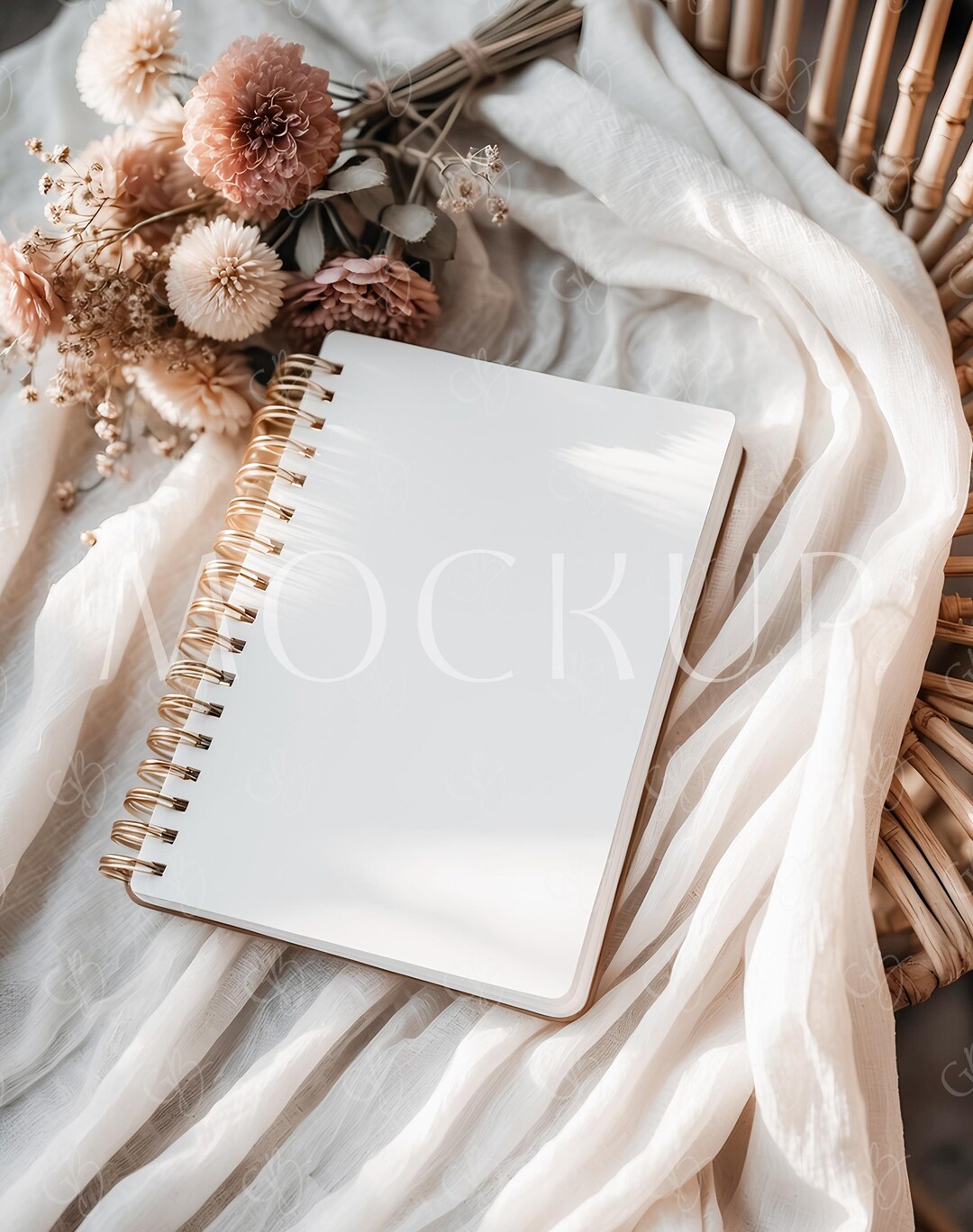 Gold Spiral Notebook Mockup, 6x8 Modern Blank Journal Mockup PSD, Boho ...