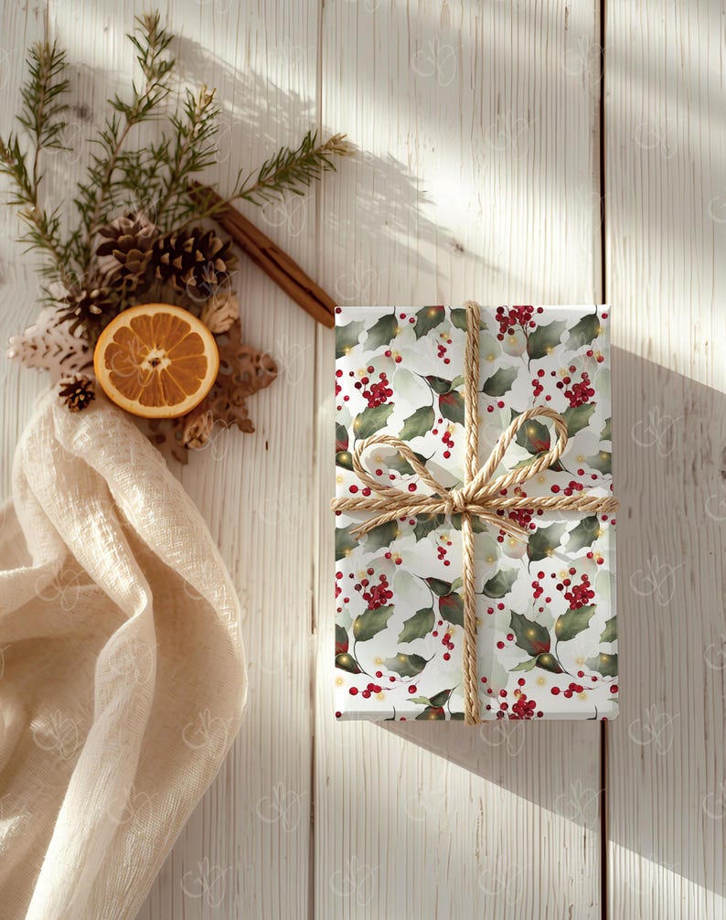 Present Gift Box and Pattern Paper Mockup, Minimalistic Christmas ...