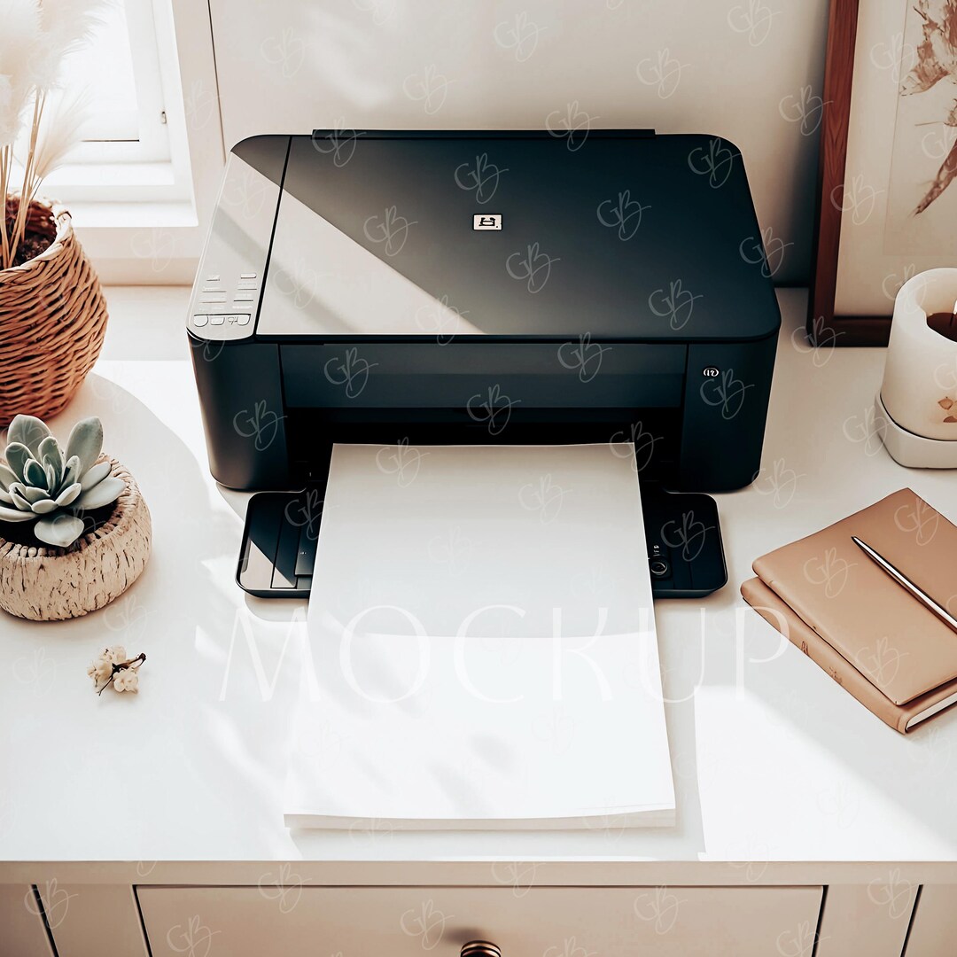 Black Printer and Paper Sheet Mockup, Black Home Printer Mockup, Boho ...