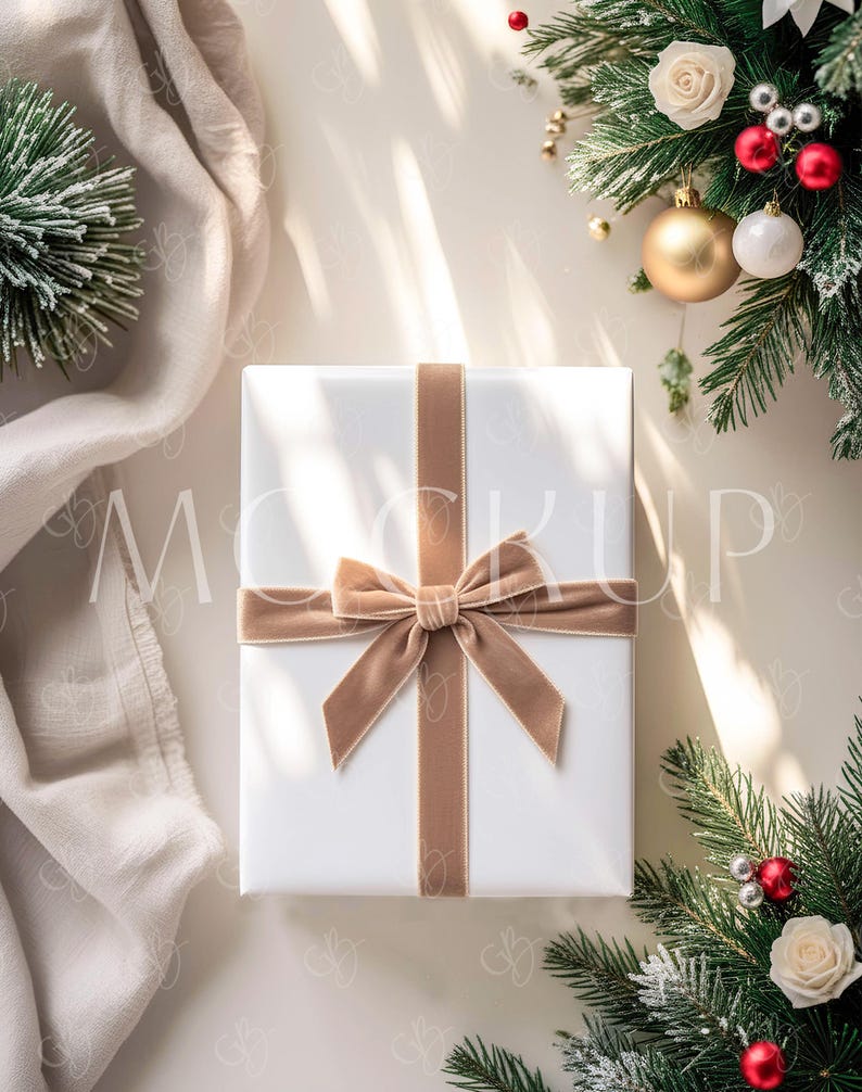 Christmas Wrapping Paper Mockup, Present Gift Box and Pattern Paper ...