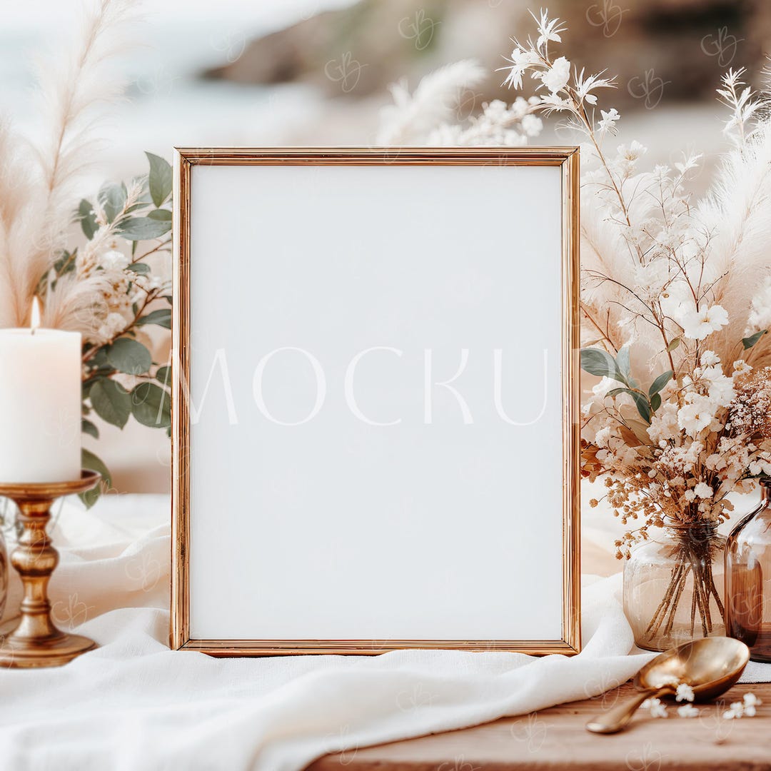 Boho Wedding Table Sign Mockup, Gold Frame Menu Mockup, Frame Signage ...
