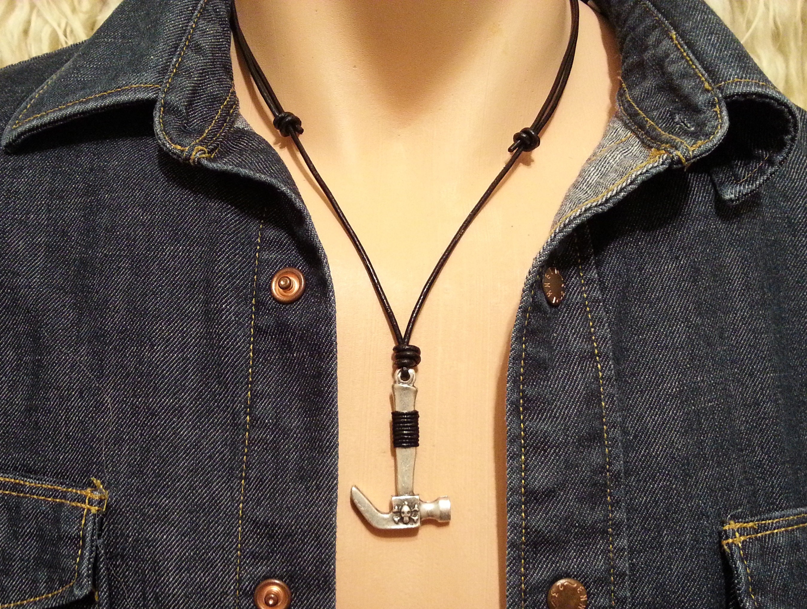 Leather Necklace Hammer Men's Leather Necklace Skull Mens - Etsy UK