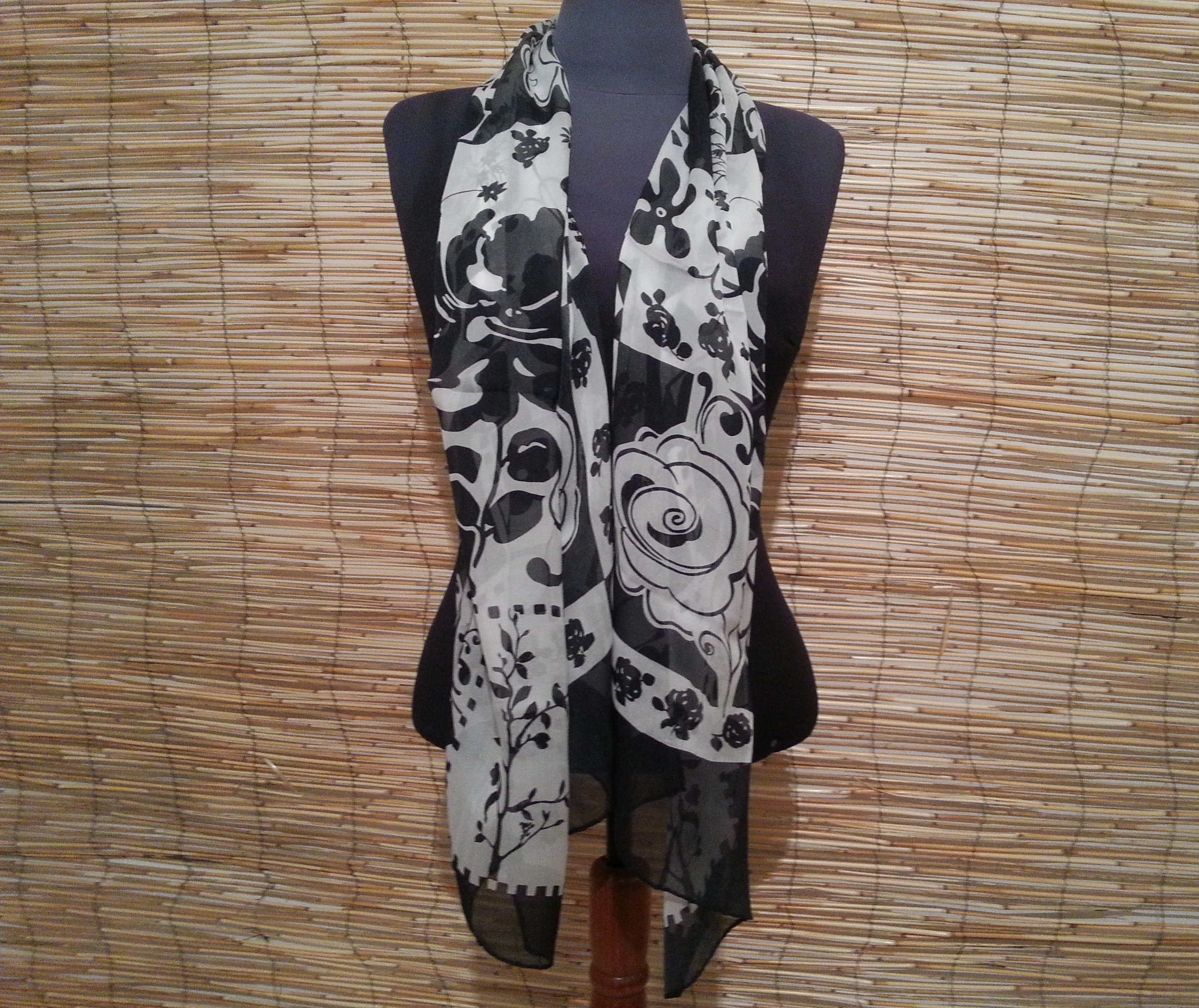 Pure Silk Scarf Vintage Black and White Long Scarf - Etsy