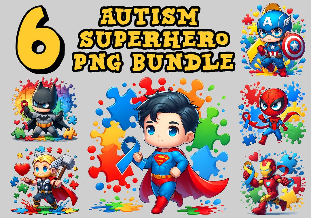 Set of 6 Designs Big Bundle Autism Superhero Png, Autism Awareness Png ...