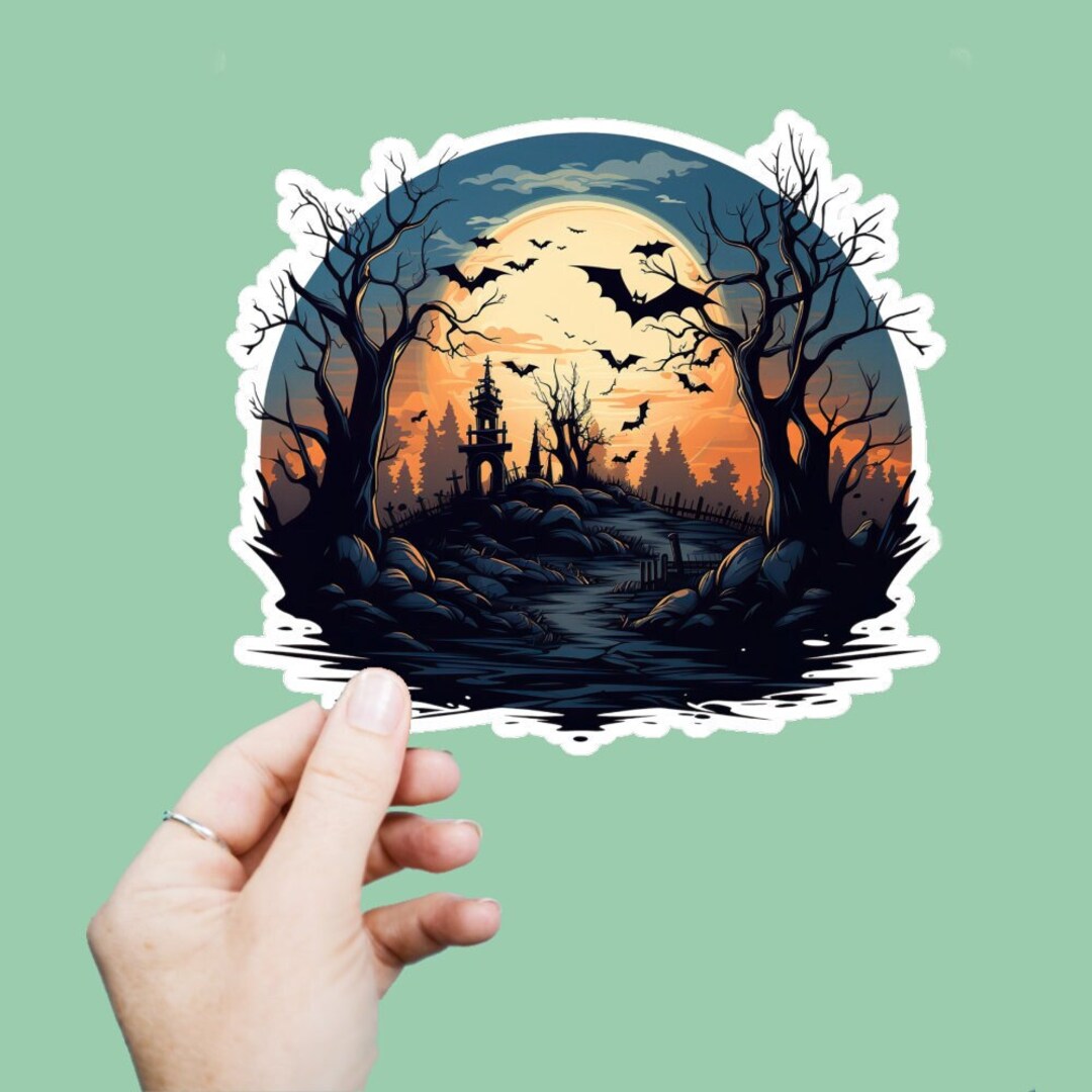 Halloween Graveyard Sticker Decal, Satin Finish Sticker, Haunted Forest ...