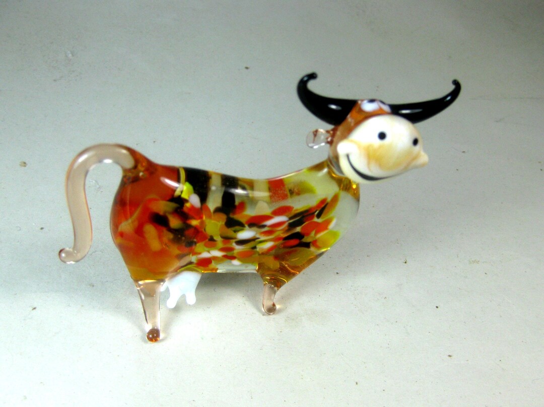 Hand Blown Glass Animal Cow Orange Murano Style Art Figurines Ornament ...