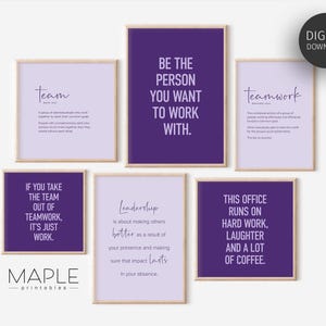 Office Wall Art Set of 6 Purple Teamwork Prints, Printable Wall Art for ...