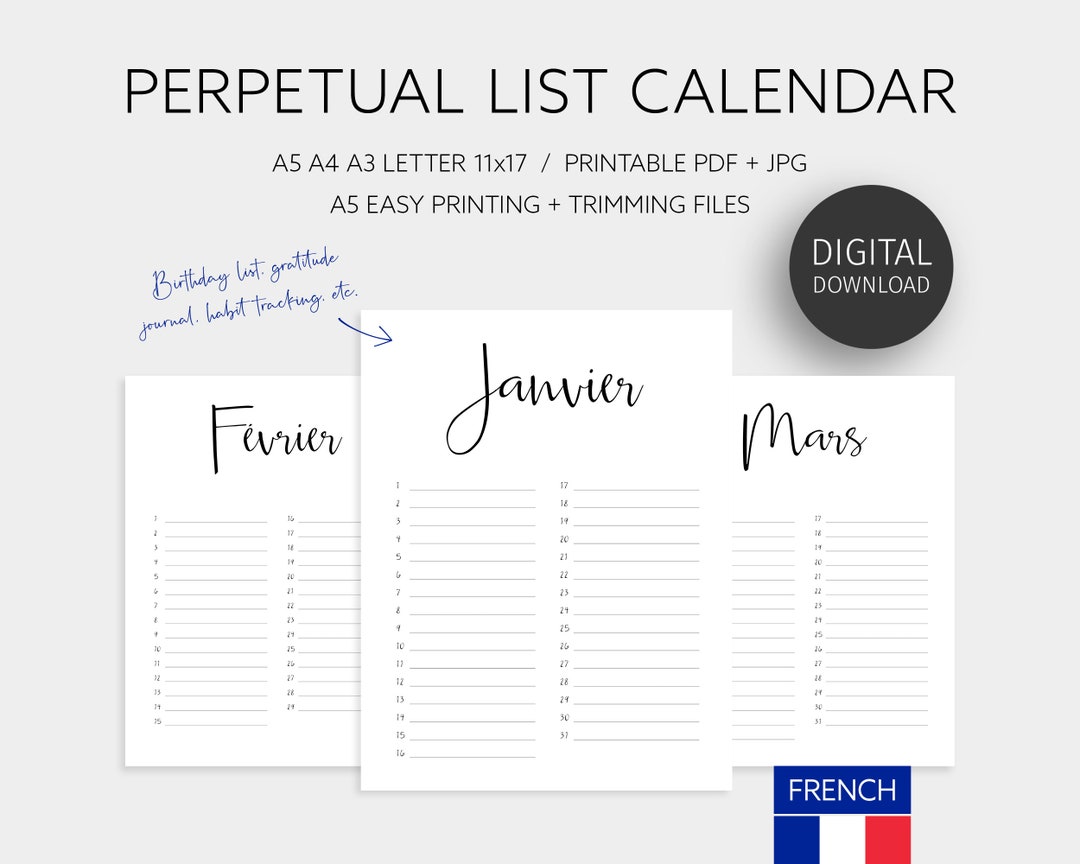 FRENCH Perpetual Calendar, Printable Birthday Calendar, Wall Planner ...
