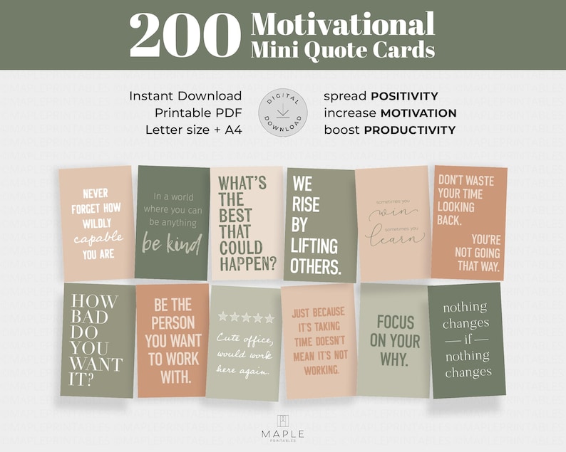 200 Motivational Quote Cards in Earth Tones: Positive Affirmation Cards ...