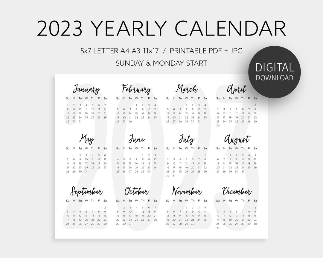 2023 Calendar Printable Large Annual Calendar Year at a - Etsy
