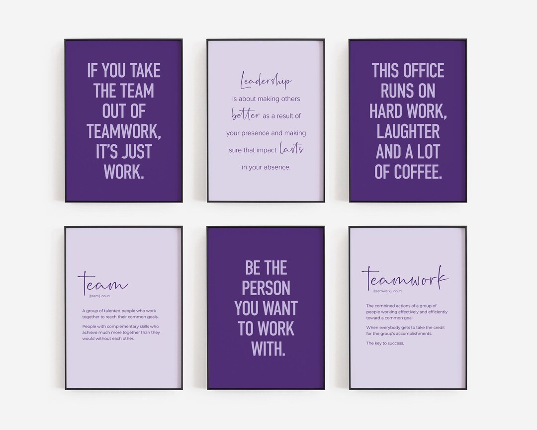 Office Wall Art Set of 6 Purple Teamwork Prints, Printable Wall Art for ...