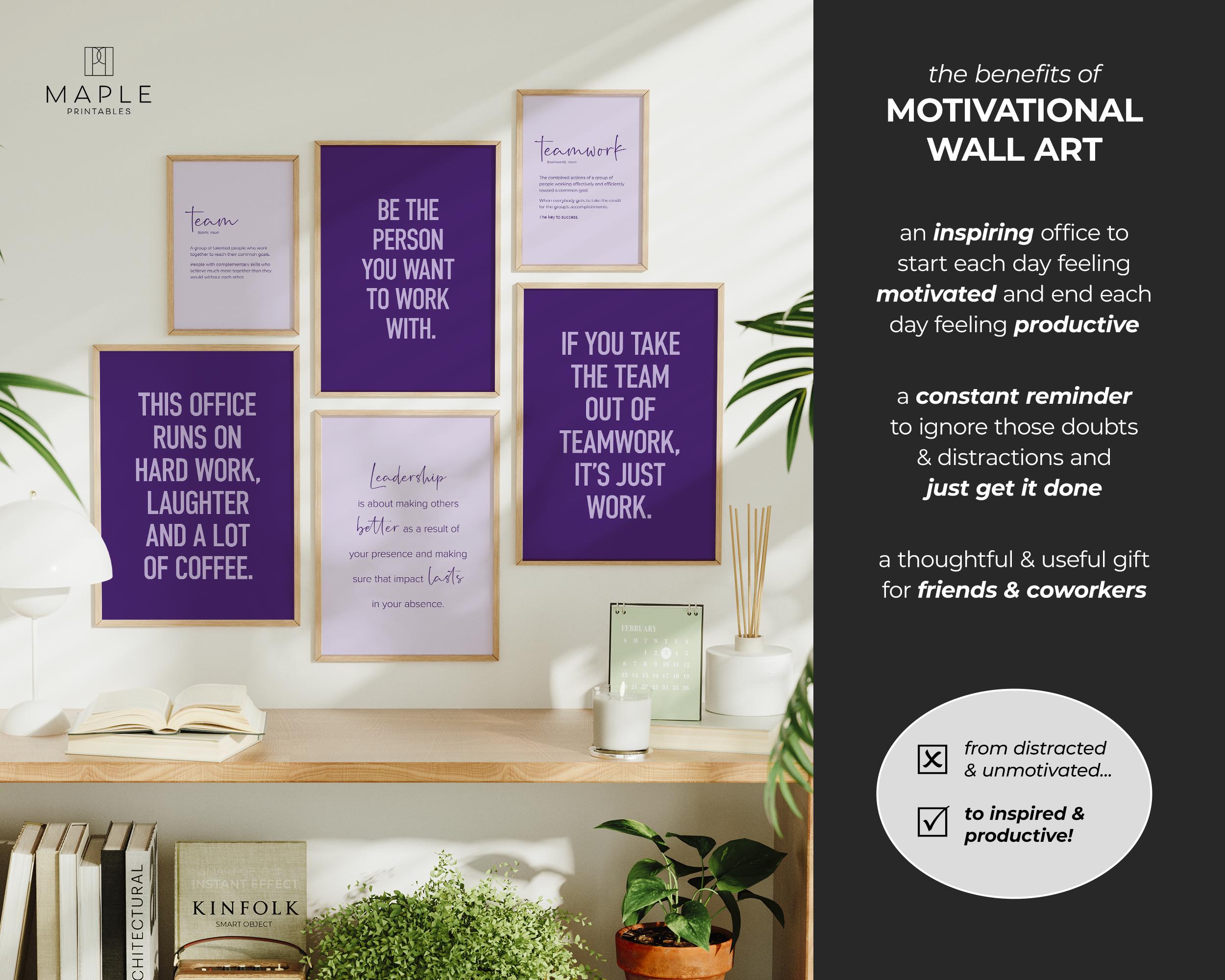Office Wall Art Set of 6 Purple Teamwork Prints, Printable Wall Art for ...