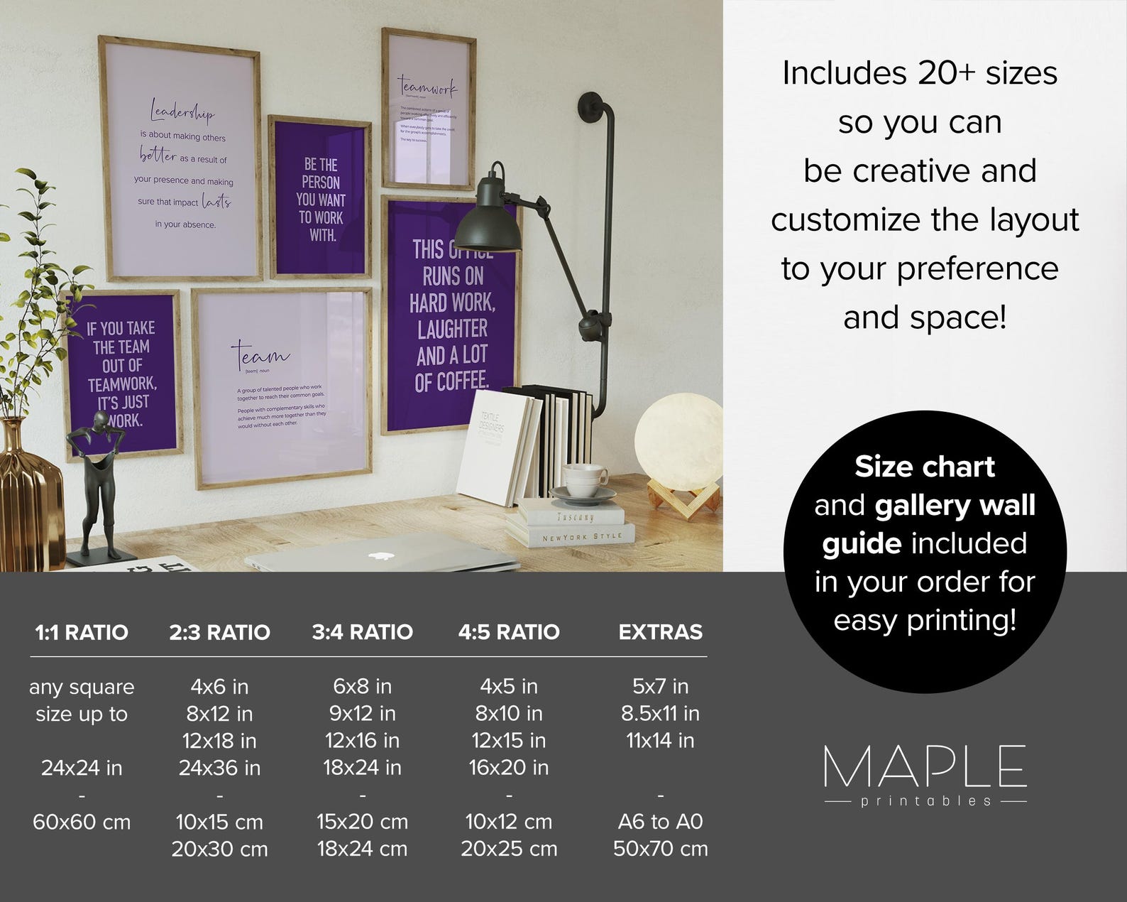 Office Wall Art Set of 6 Purple Teamwork Prints, Printable Wall Art for ...