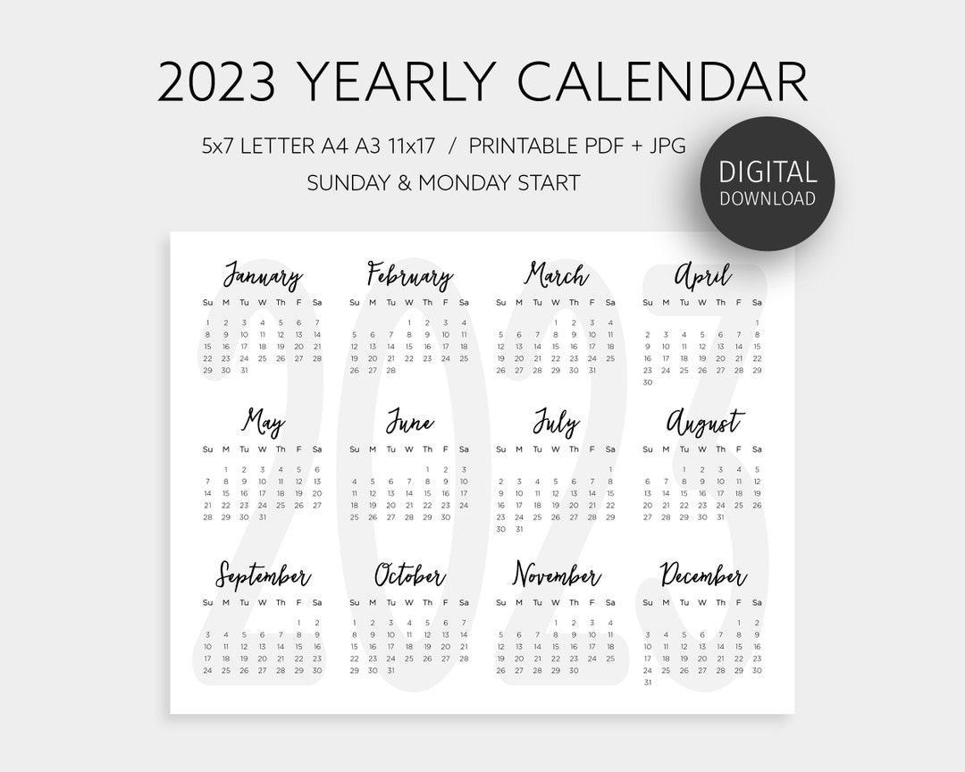 2023 Calendar Printable Large Annual Calendar Year at a - Etsy