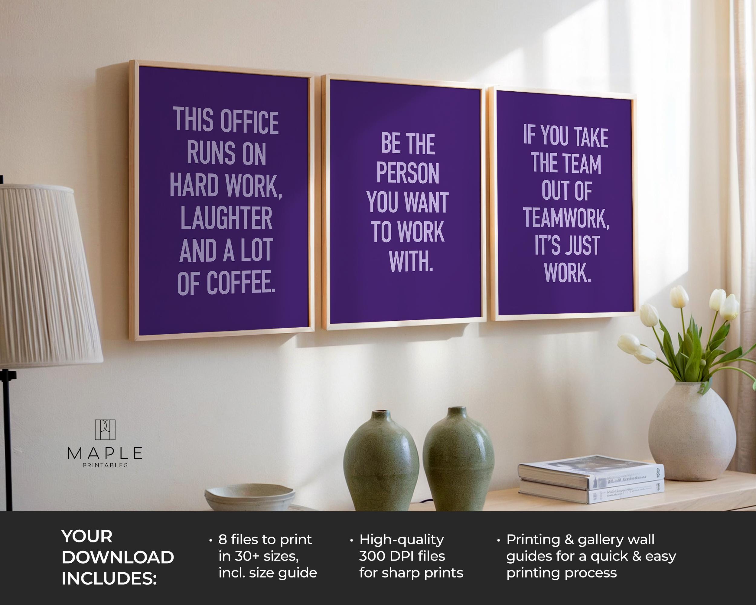 Office Wall Art Set of 6 Purple Teamwork Prints, Printable Wall Art for ...