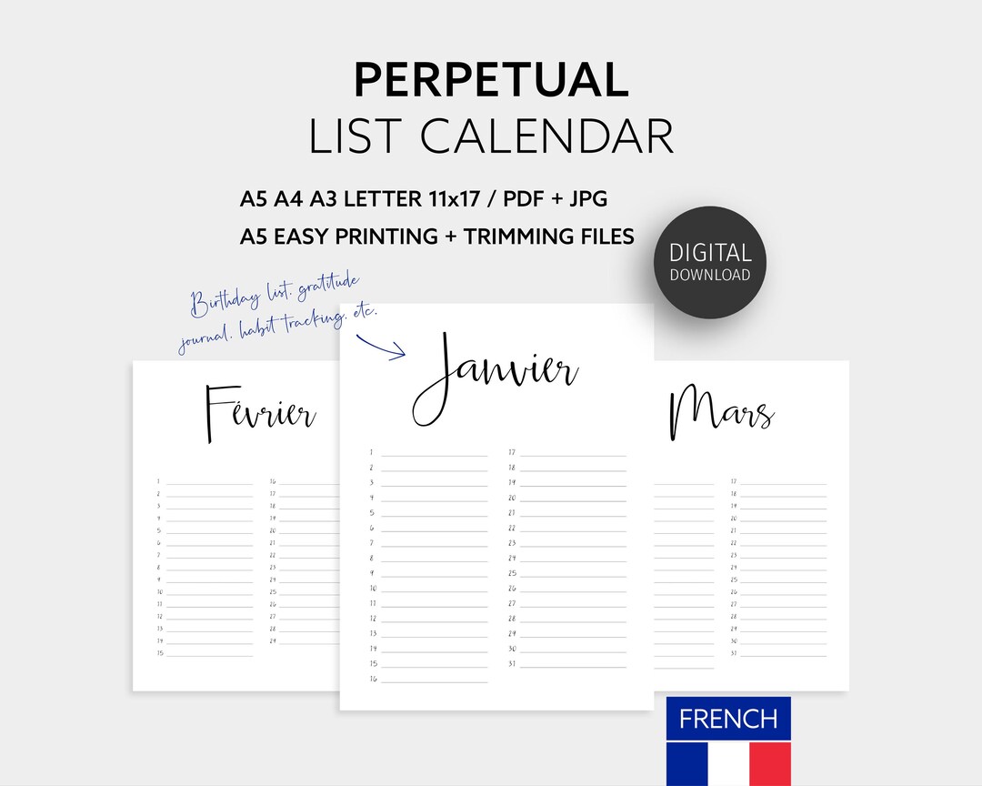 FRENCH Perpetual Calendar, Printable Birthday Calendar, Wall Planner ...