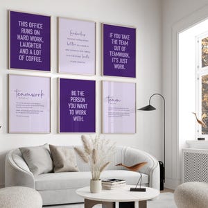 Office Wall Art Set of 6 Purple Teamwork Prints, Printable Wall Art for ...