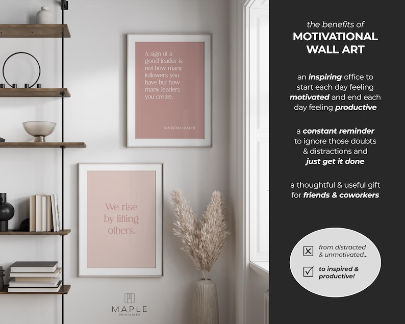Blush Pink Leadership Wall Art: Set of 3 Teamwork Quotes, Feminine ...