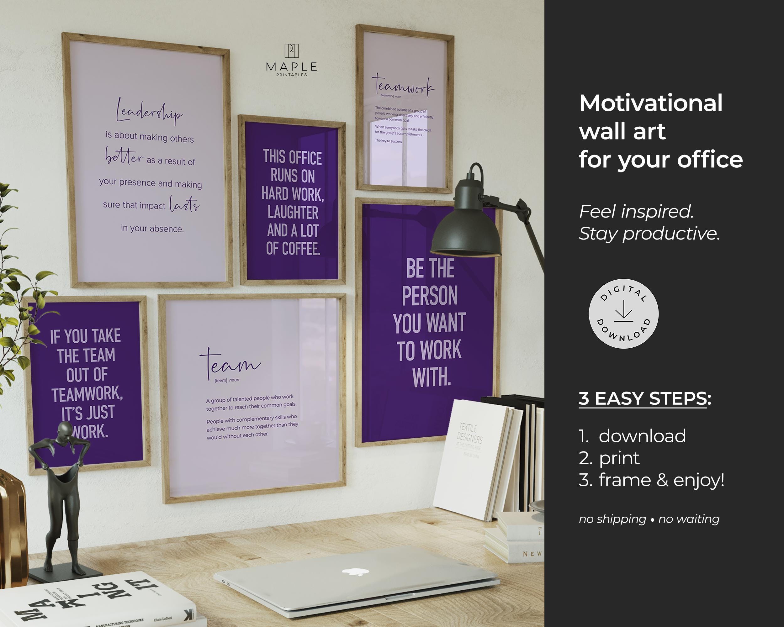 Office Wall Art Set of 6 Purple Teamwork Prints, Printable Wall Art for ...