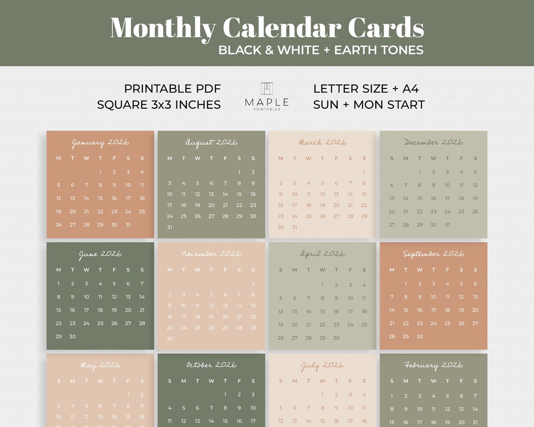 2026 Monthly Calendar Cards in Earth Tones: Mini Square Calendar, Small ...