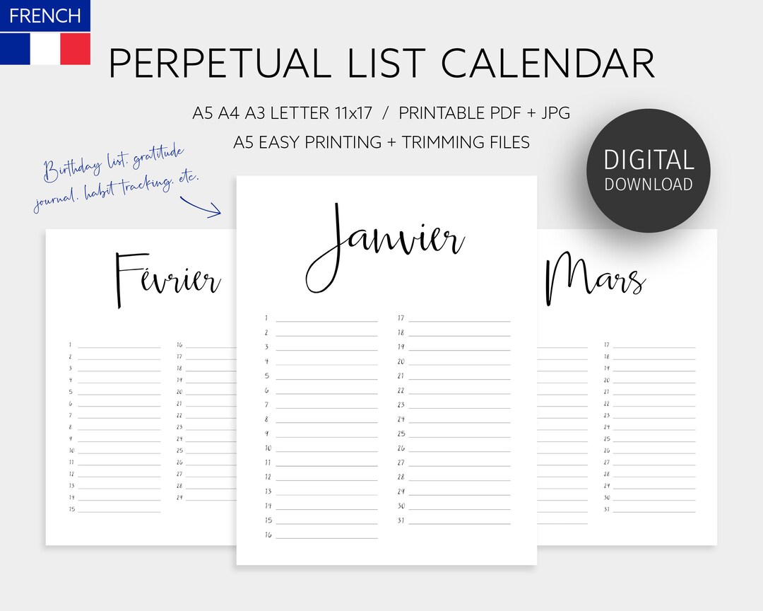 FRENCH Perpetual Calendar Printable Birthday Calendar Wall - Etsy