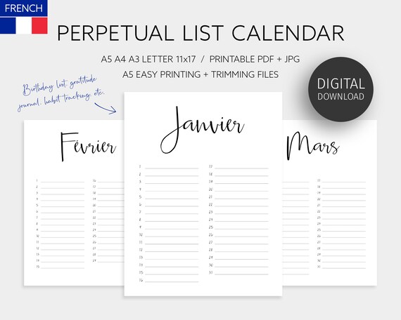 FRENCH Perpetual Calendar Printable Birthday Calendar Wall - Etsy