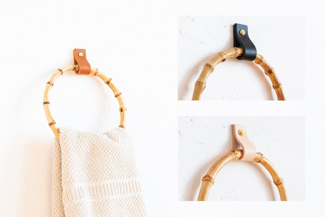 Toallero de aro de cuero y bambú, toallero de aro, colgador de toallas ...