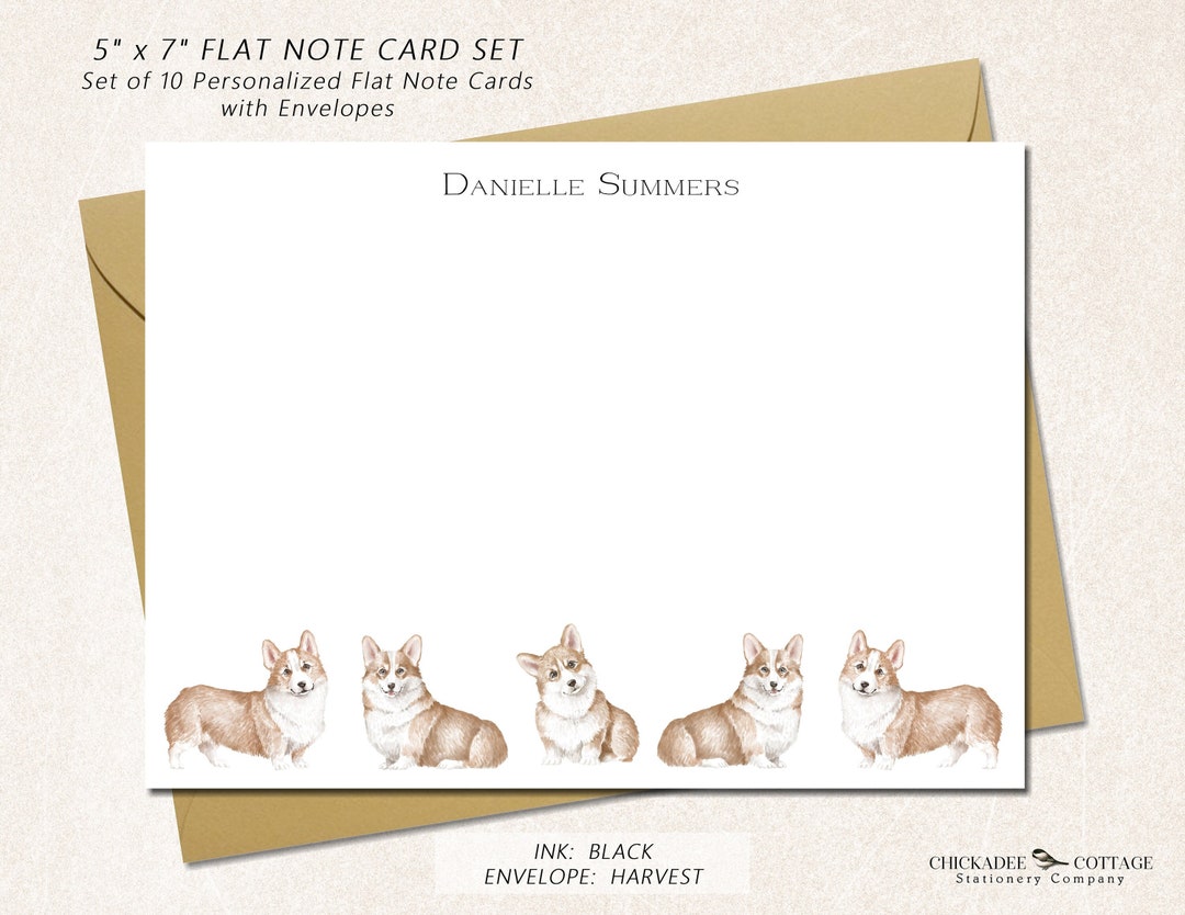 Personalized Corgi Note Card Set With Envelopes, Set of 10 Flat 5" X 7 ...